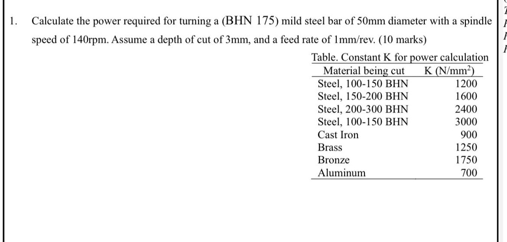 1. Calculate the power required for turning a (BHN 175) mild steel bar ...