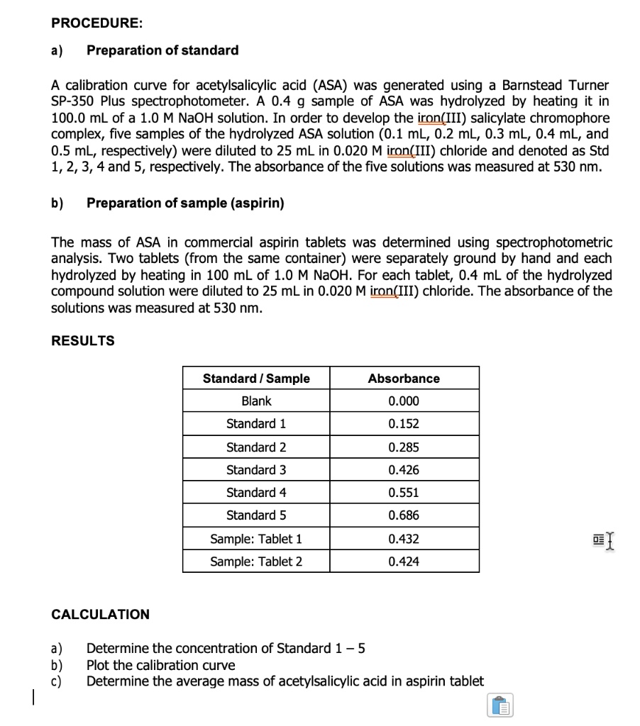 SOLVED: PROCEDURE: a) Preparation of standard: A calibration curve for ...