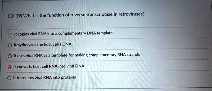 SOLVED: (Ch 19) What is the function of reverse transcriptase in ...