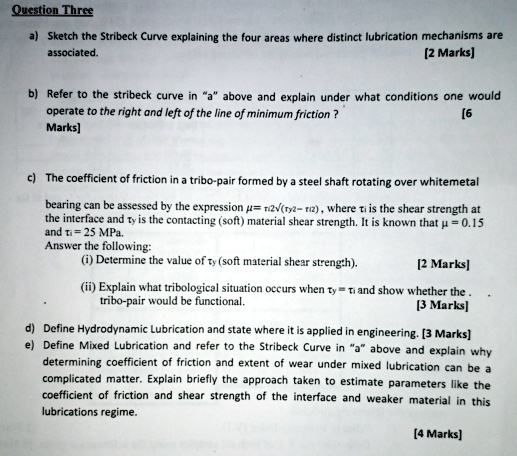 Question Three a) Sketch the Stribeck Curve explaining the four areas ...