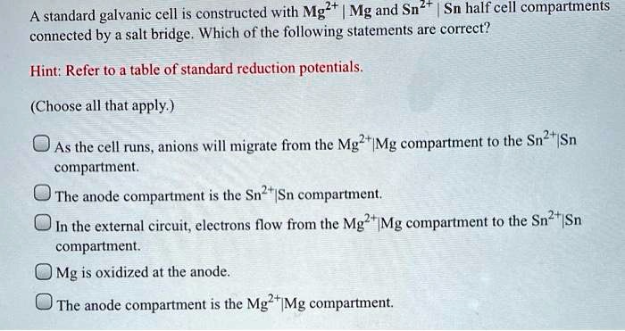A standard galvanic cell is constructed with Mg2+ Mg and Sn2+ Sn half ...