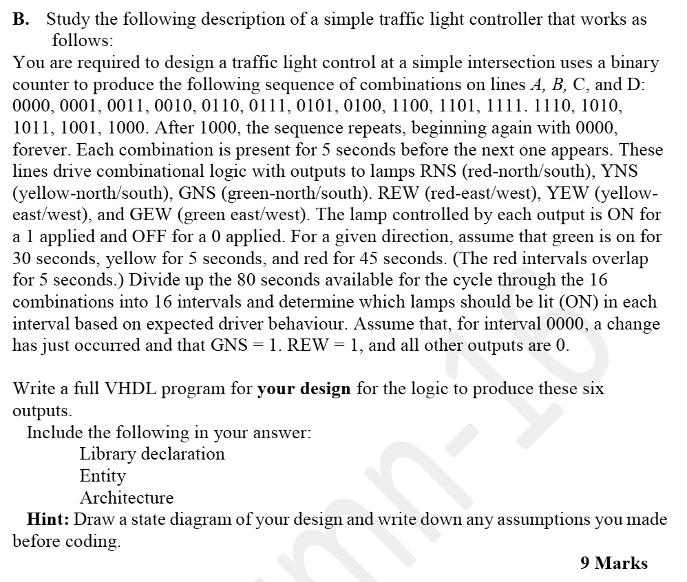 b study the following description of a simple traffic light controller ...