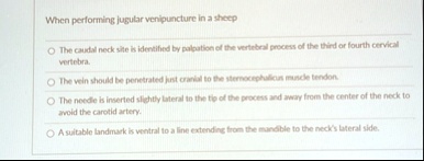when performing jugular venipuncture in a sheep the caudal neck site is ...