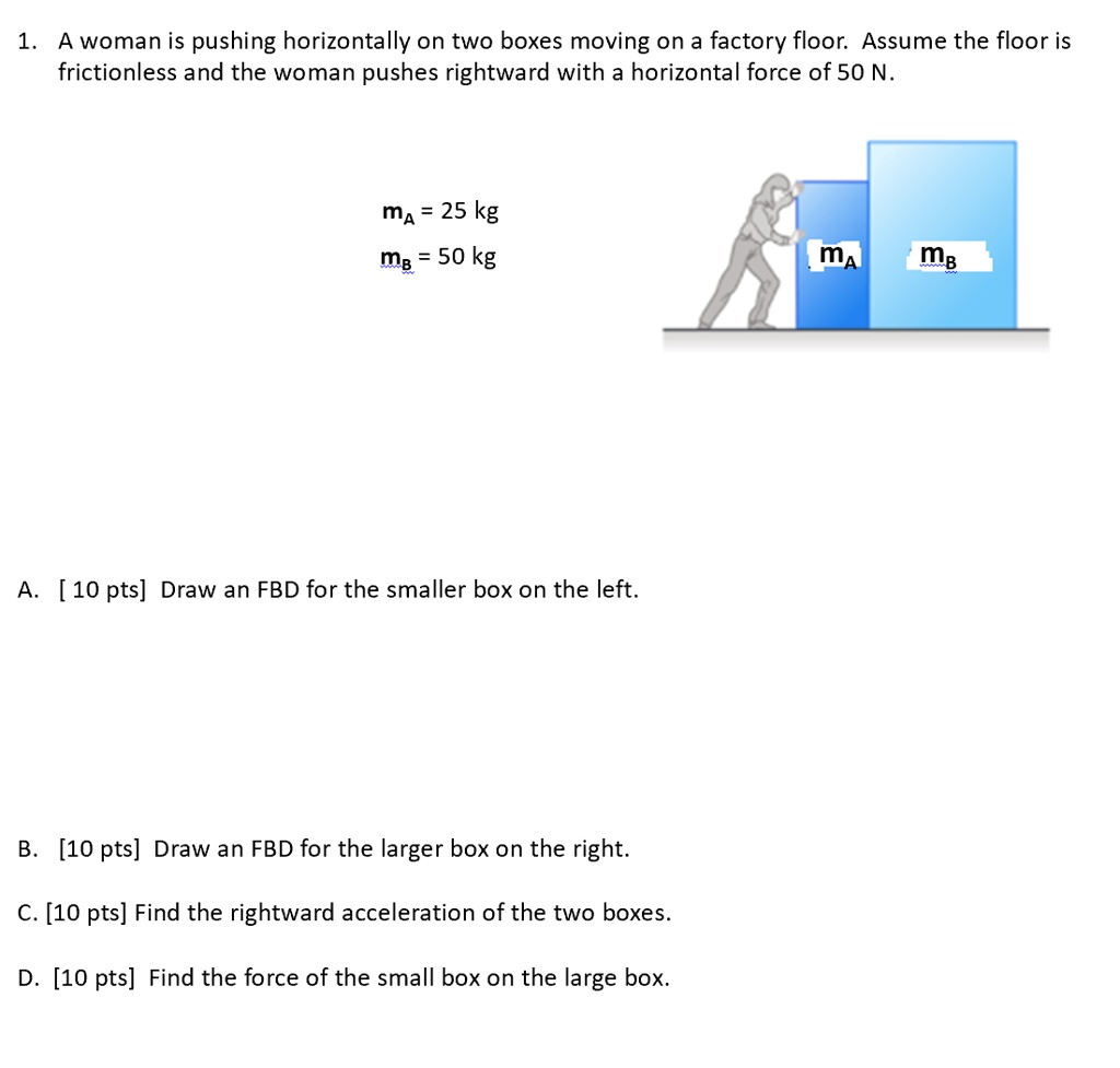 a woman is pushing horizontally on two boxes moving on a factory floor ...