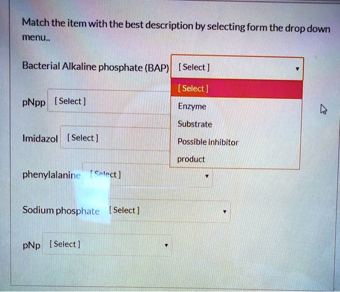 SOLVED: Text: Match the item with the best description by selecting from the dropdown menu ...