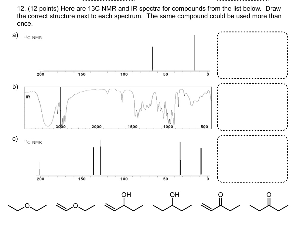 12. (12 points) Here are ^13C NMR and IR spectra for compounds from the list below. Draw the ...