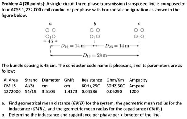 Problem 4 (20 points): A single-circuit three-phase transmission transposed line is composed of ...