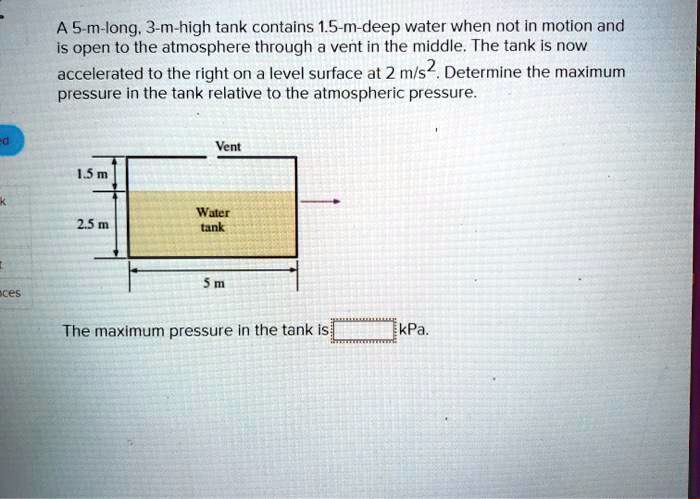 SOLVED: This is a fluid mechanics question. A 5 m long, 3 m high tank contains 1.5 m deep water ...