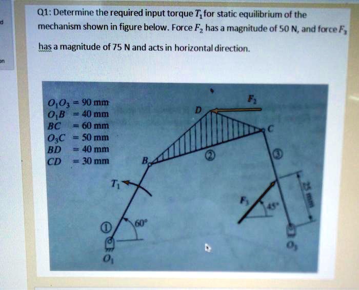 Q1: Determine the required input torque T for static equilibrium of the mechanism shown in the ...