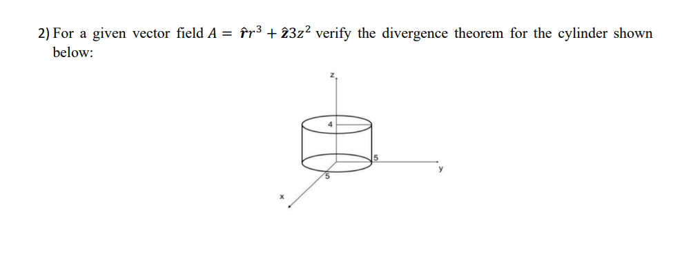 SOLVED: 2) For a given vector field A=r̂ r^3+𝐳̂ 3 z^2 verify the ...