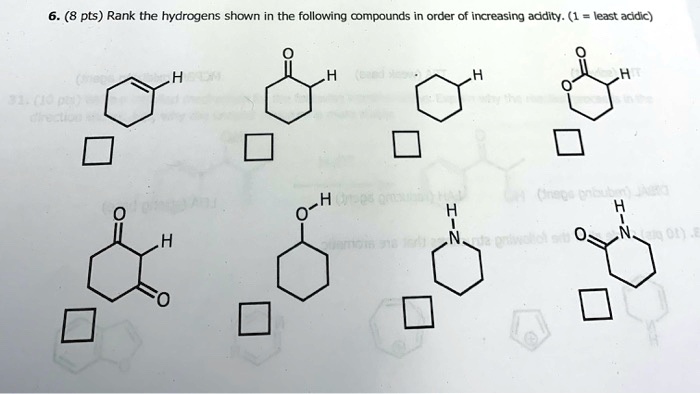 SOLVED: Rank the hydrogens shown in the following compounds in order of increasing acidity: (1 ...