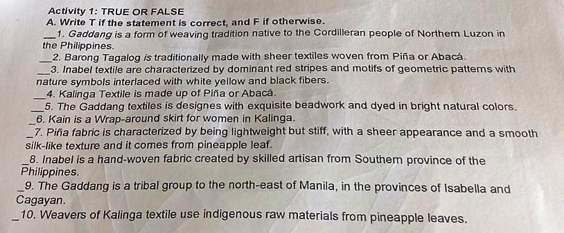 SOLVED: 'Activity 1: TRUE OR FALSE A. Write T if the statement is ...