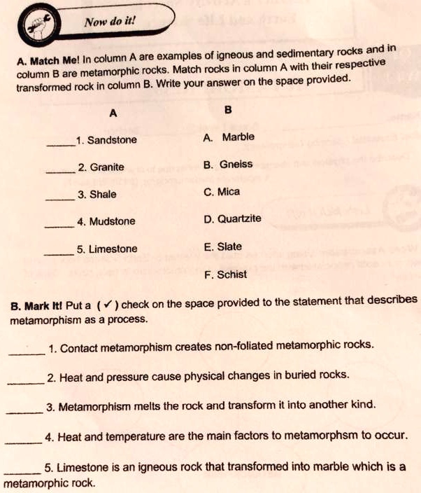 Patulong po A. Match Me! In column A are examples of igneous and ...