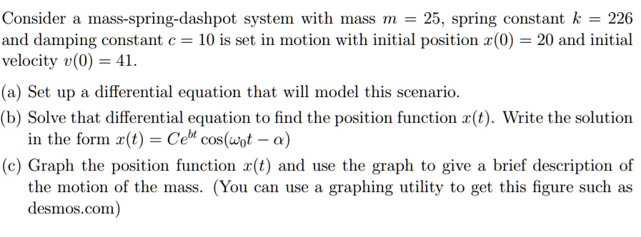 SOLVED: Consider mass-spring-dashpot system with mass m 25 , spring ...
