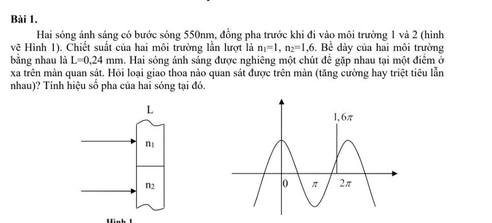 Bài 1. Hai sóng ánh sáng có b??c sóng 550nm, ??ng pha tr??c khi ?i vào môi tr??ng 1 và 2 (hình v ...