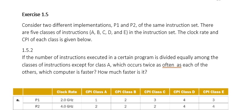 Exercise 1.5 Consider two different implementations, P1 and P2, of the same instruction set ...