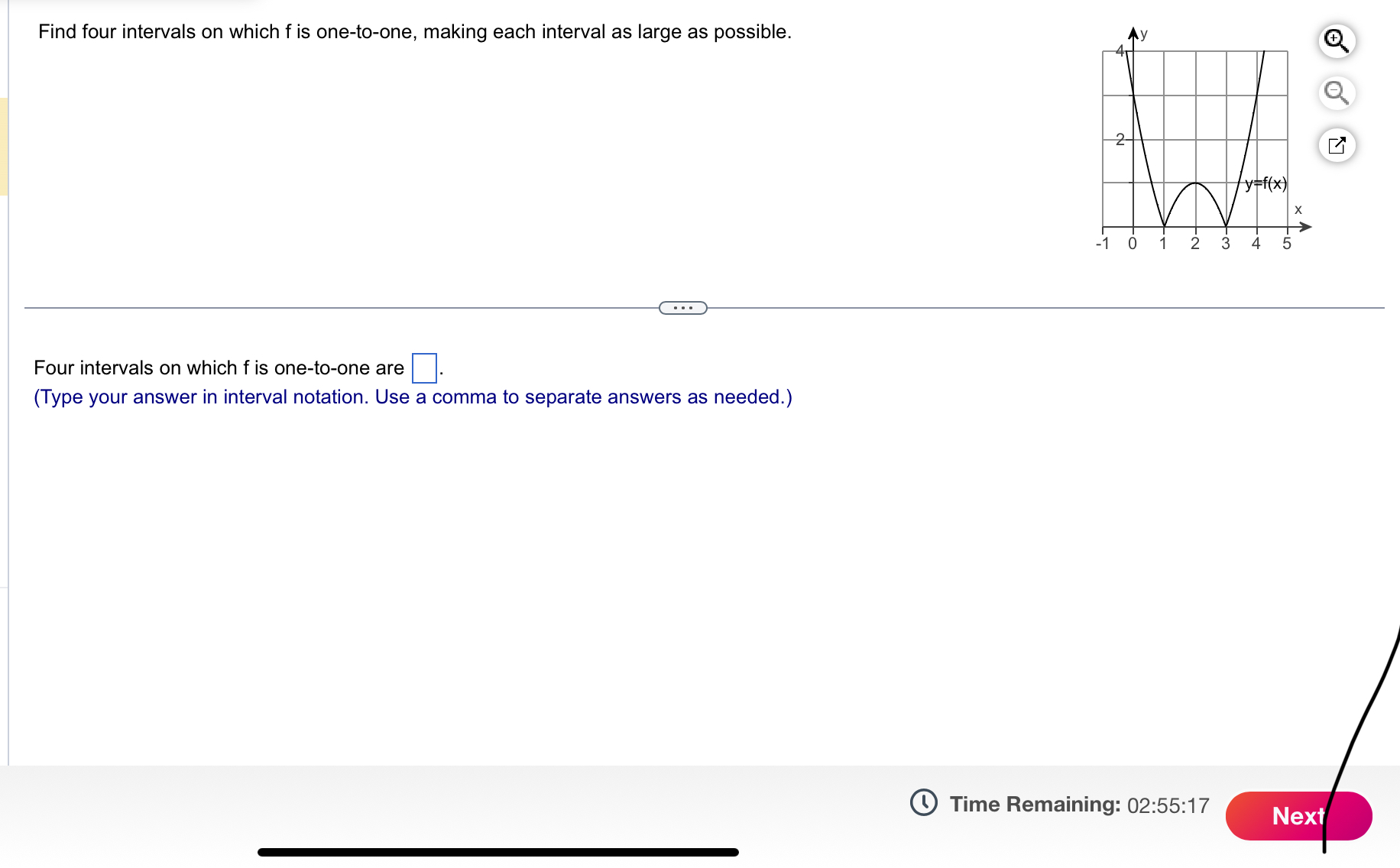 Find four intervals on which f is one-to-one, making each interval as ...