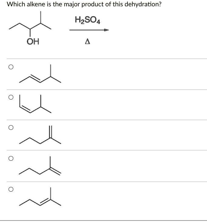 Which alkene is the major product of this dehydration? H2SO4 OH