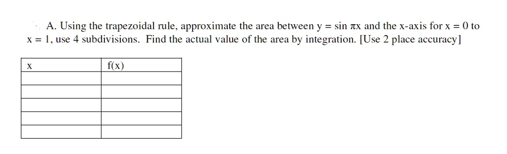 SOLVED: Using the trapezoidal rule, approximate the area between y = sin TX and the X-axis for x ...