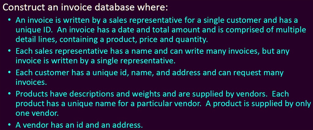 SOLVED: Construct an invoice database where: An invoice is written by a ...