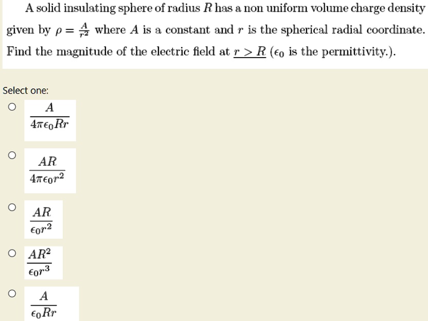 SOLVED: A solid insulating sphere of radius R has a non-uniform volume charge density given by p ...
