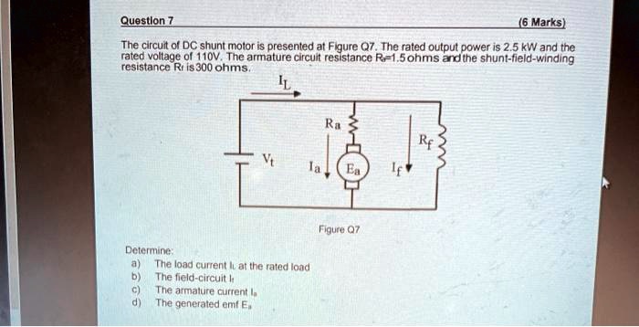 SOLVED: The circuit of a DC shunt motor is presented in Figure Q7. The rated output power is 2.5 ...