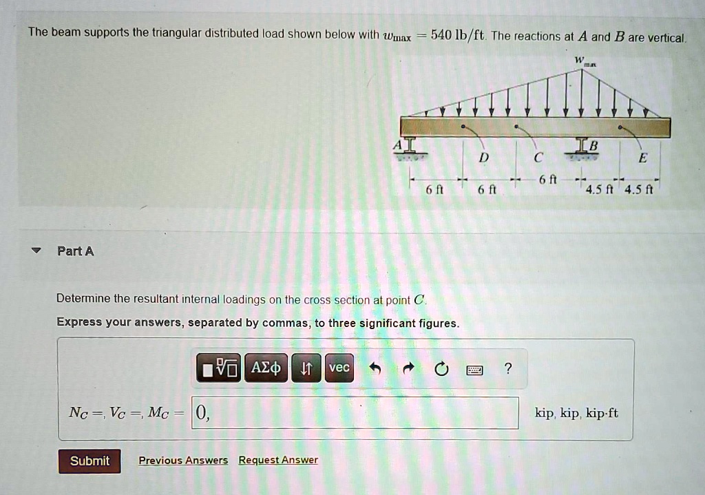 SOLVED: The beam supports the triangular distributed load shown below with wmax = 540 lb/ft. The ...