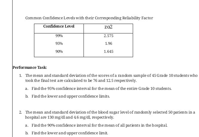 SOLVED: Common Confidence Levels with their Corresponding Reliability ...