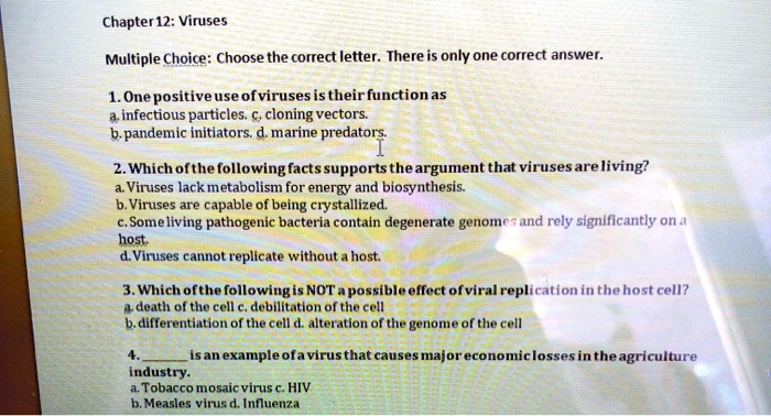 SOLVED: Chapter12: Viruses Multiple Choice: Choose the correct letter ...
