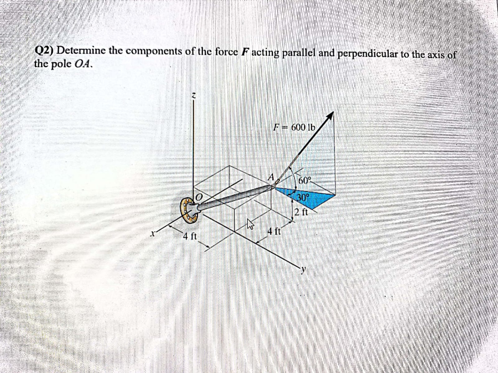 Q2) Determine the components of the force F acting parallel and perpendicular to the axis of the ...