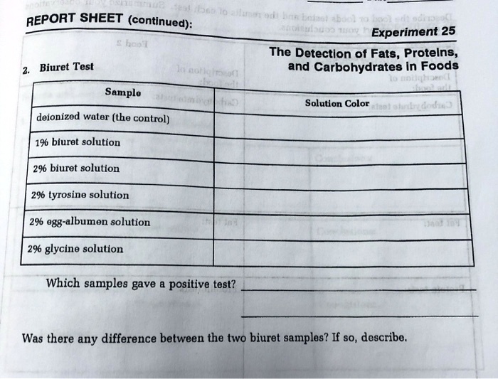 report sheet continued ij experiment 25 the detection of fats protelns ...
