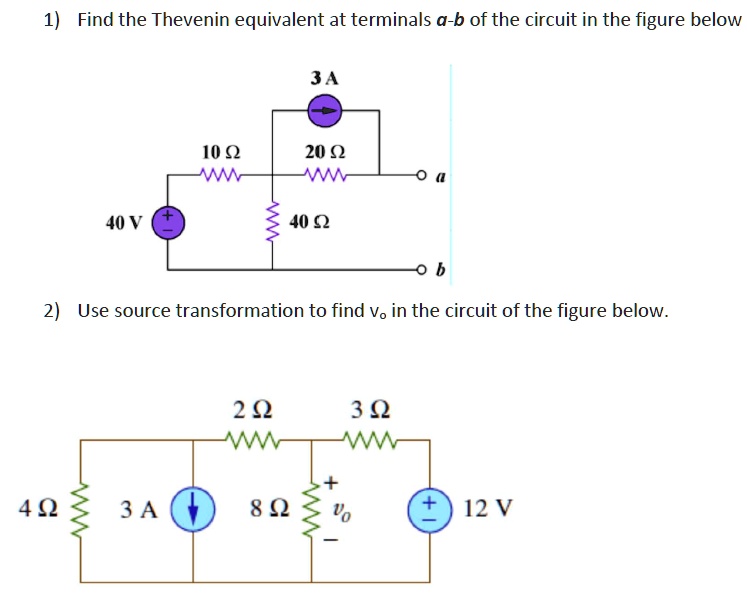 1) Find the Thevenin equivalent at terminals a-b of the circuit in the figure below 3A 109 WM ...
