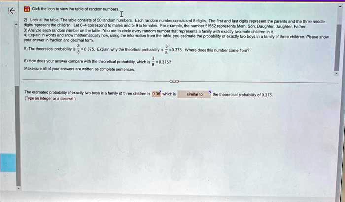 K Click the icon to view the table of random numbers. I 2) Look at the ...