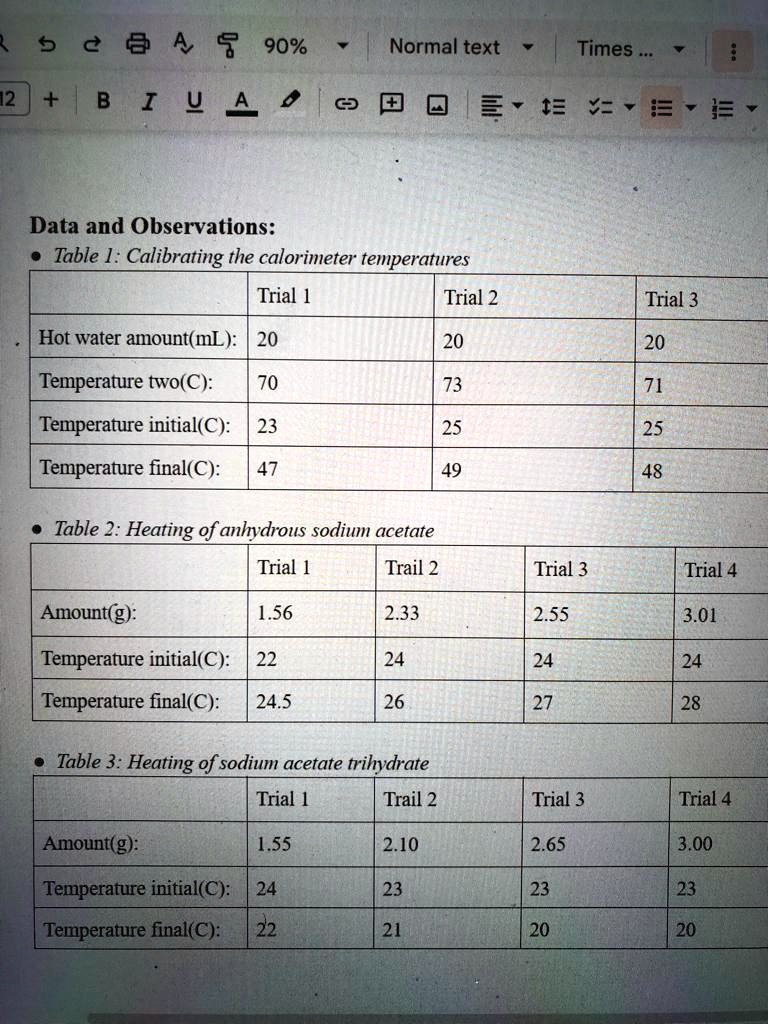 Data and Observations: • Table 1: Calibrating the calorimeter temperatures Trial 1 Trial 2 Trial ...