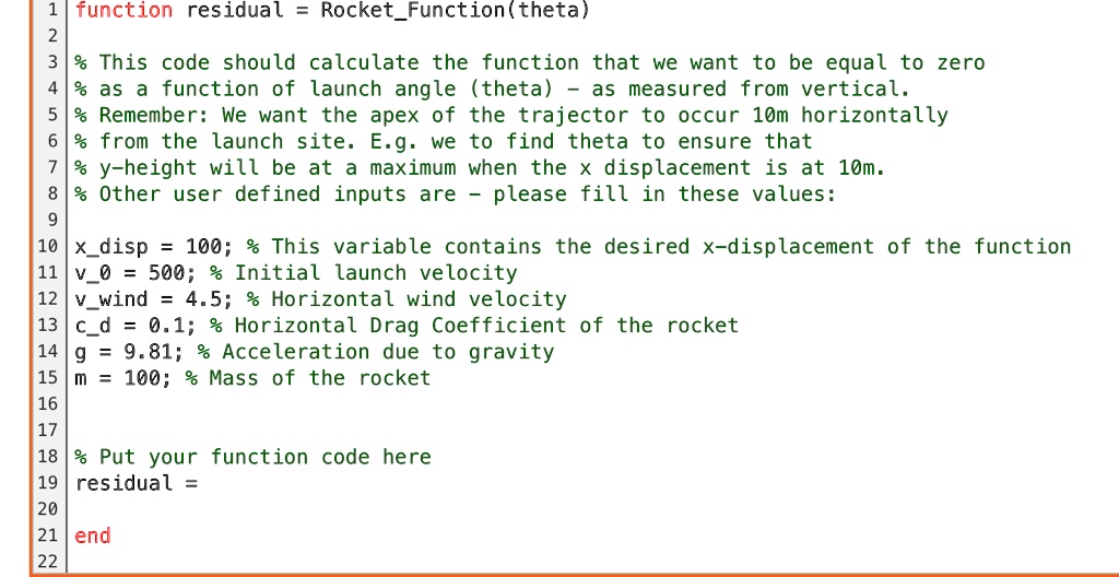 Texts: function residual = RocketFunction(theta) Y % This code should calculate the function ...