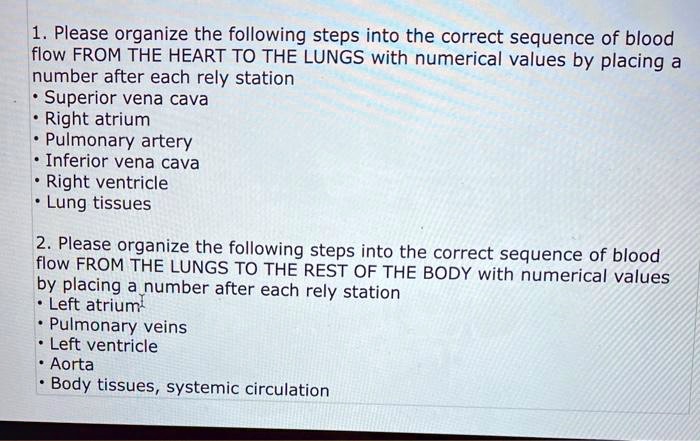 SOLVED: 1 , Please organize the following steps into the correct sequence of blood flow FROM THE ...