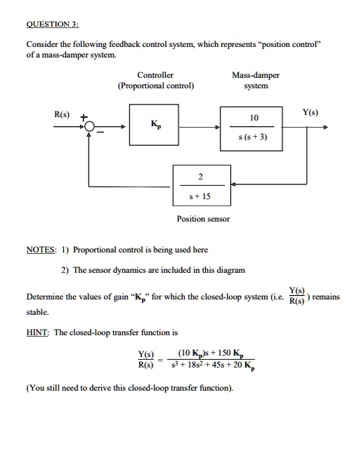 SOLVED: QUESTION 3: Consider the following feedback control system ...