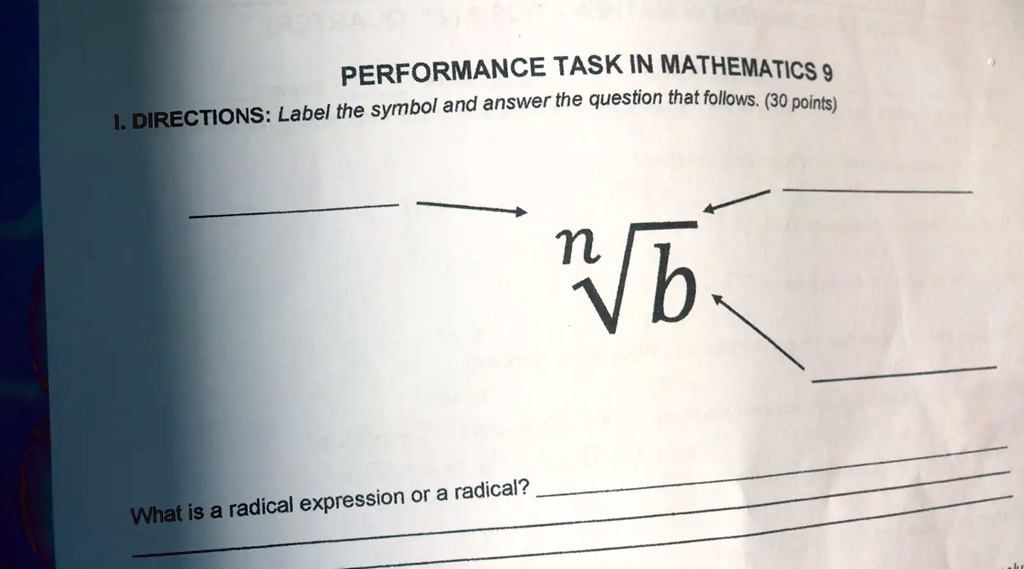 PERFORMANCE TASK IN MATHEMATICS 9 1. DIRECTIONS: Label the symbol and ...