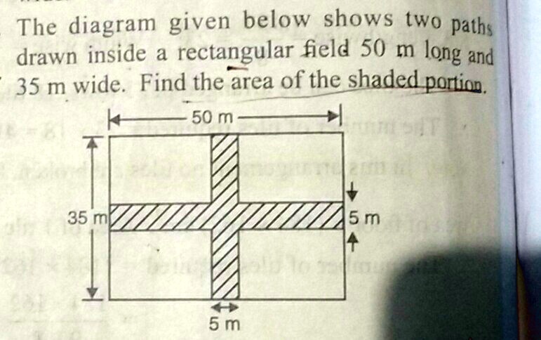 The diagram given below shows two paths drawn inside a rectangular field 50 m long and 35 m wide ...