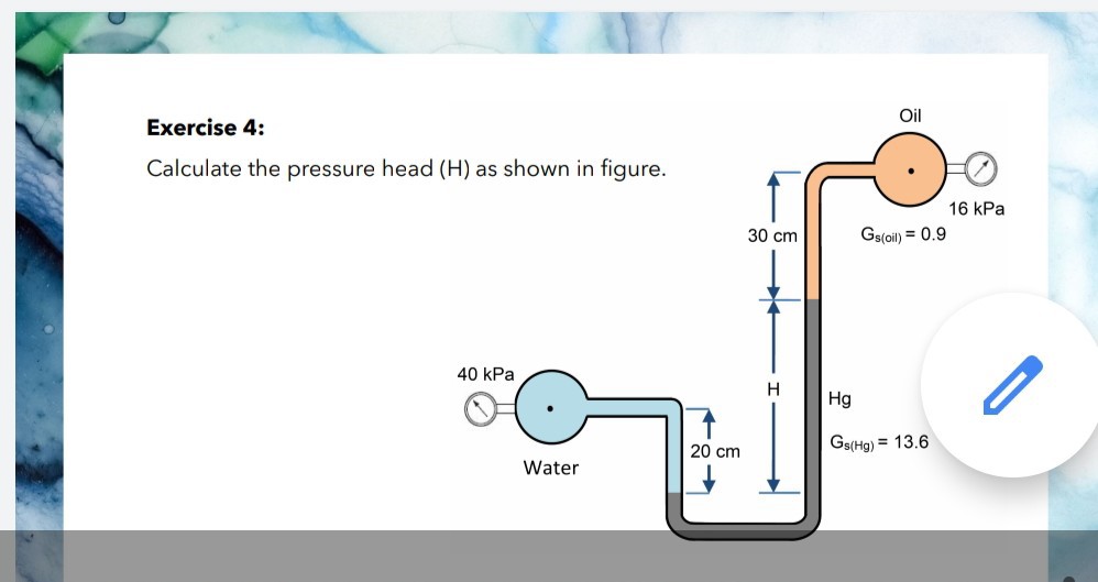Exercise 4: Calculate the pressure head (H) as shown in figure.