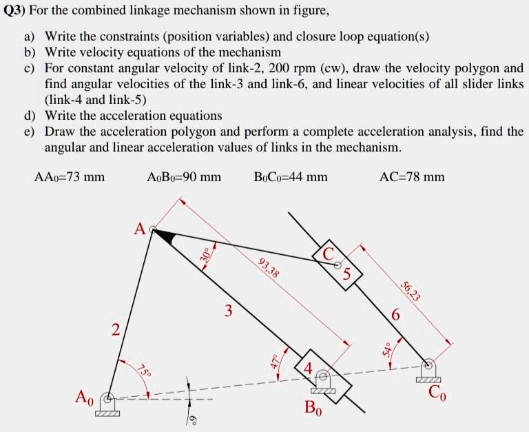 Q3) For the combined linkage mechanism shown in figure, a) Write the constraints (position ...
