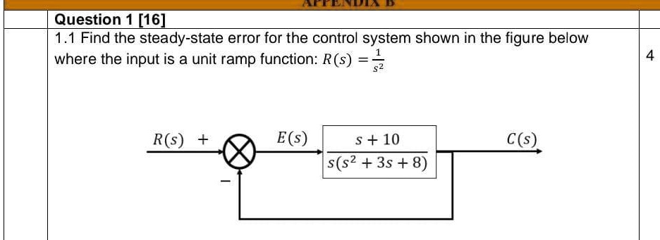 SOLVED: Question 1 [16] 1.1 Find the steady-state error for the control ...