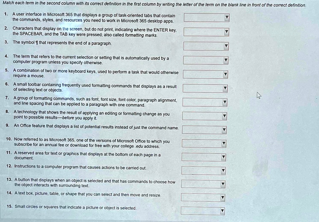 Match each term in the second column with its correct definition in the ...