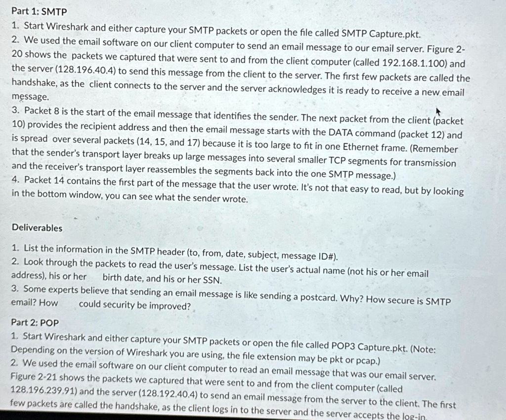 part 1 smtp start wireshark and either capture your smtp packets or open the file called smtp ...