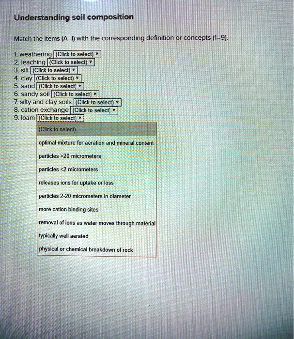 Understanding soil composition Match the items (A-I) with the ...