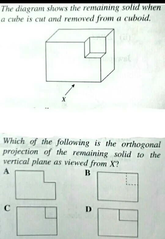 SOLVED: The diagram shows the remaining Sold when a cube is cut and removed from a cuboid. Which ...