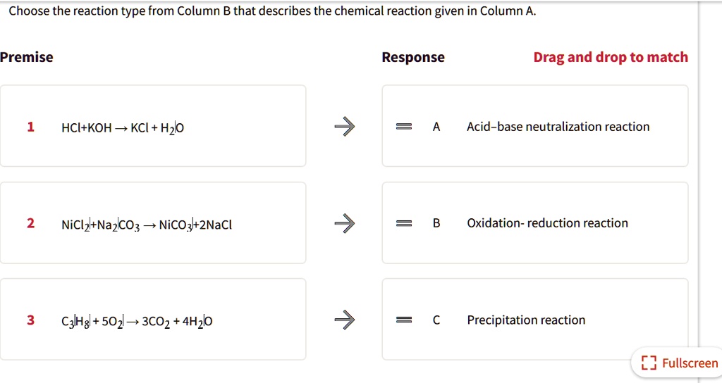 choose the reaction type from column b that describes the chemical ...