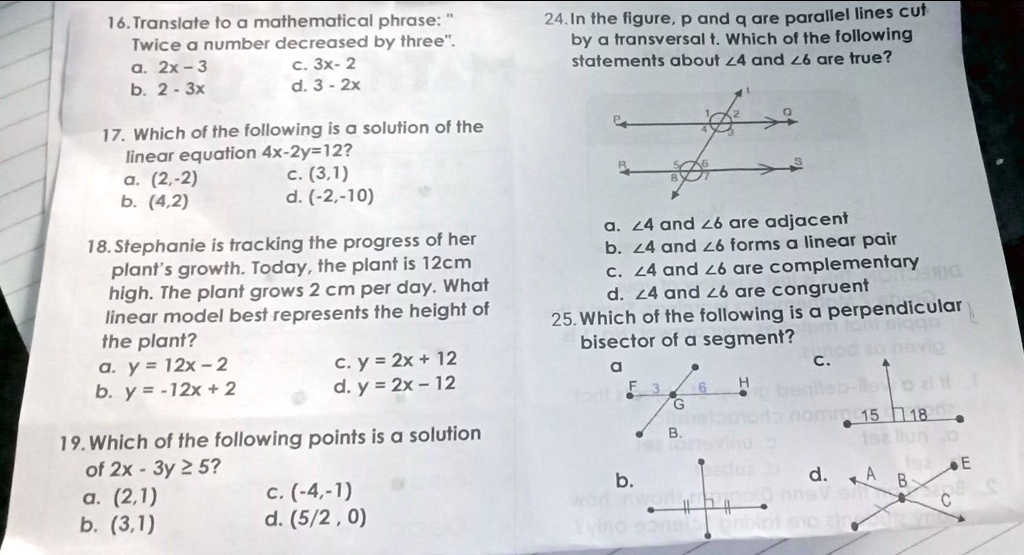 16. Translate to a mathematical phrase: "Twice a number decreased by ...