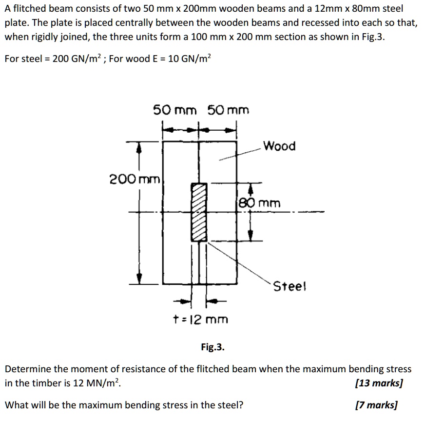 A flitched beam consists of two 50 mm x 200mm wooden beams and a 12mm x ...