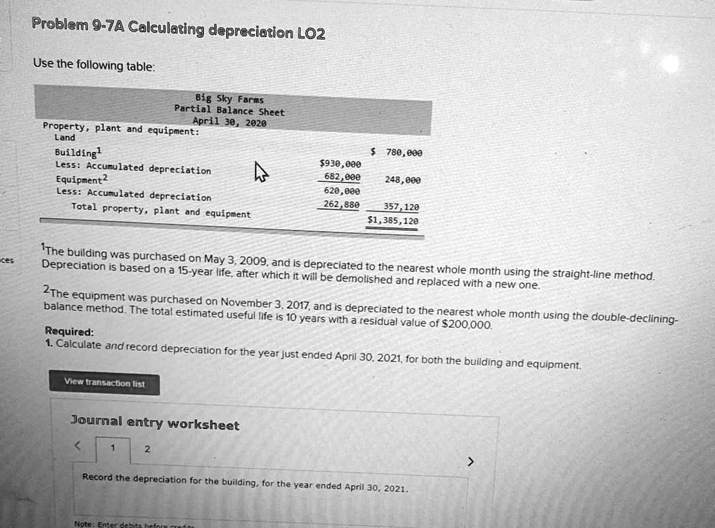 Problem 9-7A Calculating depreciation LO2 Use the following table: ces Big Sky Farms Partial ...